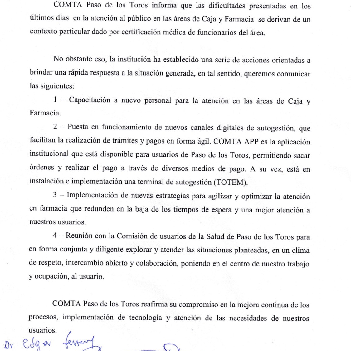 COMTA Paso de los Toros sobre atención en Caja y Farmacia